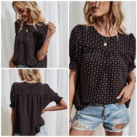 SHEIN | Tops | Nwt Geo Printed Puff Sleeve Blouse L8 | Poshmark